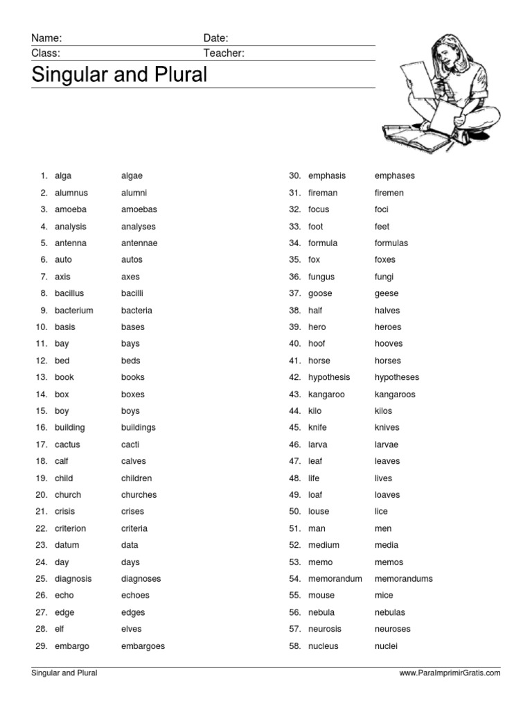 Name: Date: Class: Teacher:: Singular and Plural | PDF | Nature