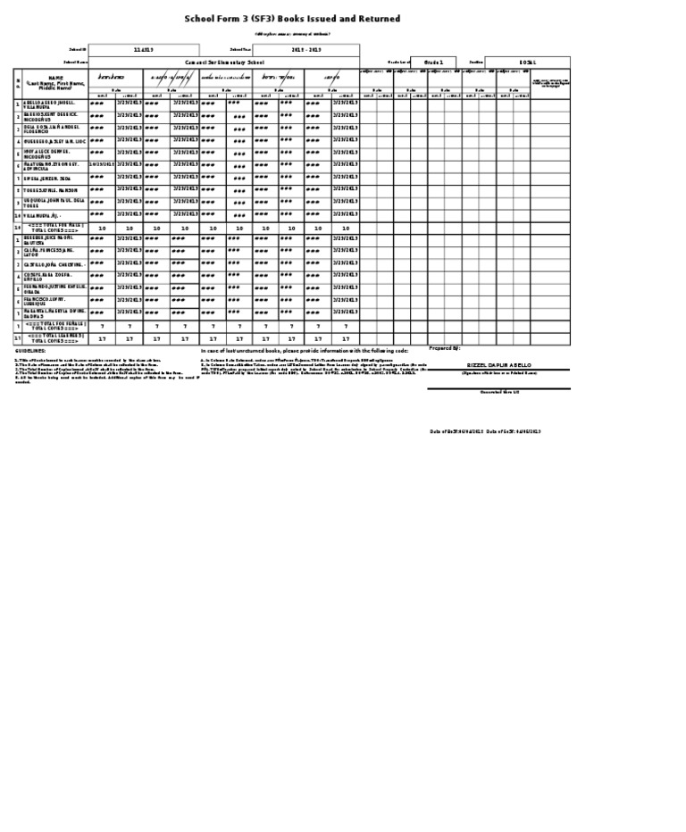 School Form 3 (SF3) Books Issued and Returned: Mathematics Araling ...