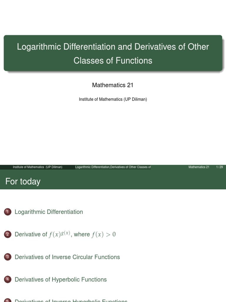 Lec 2.4 Logarithmic Differentiation and Derivatives of Other Classes of ...