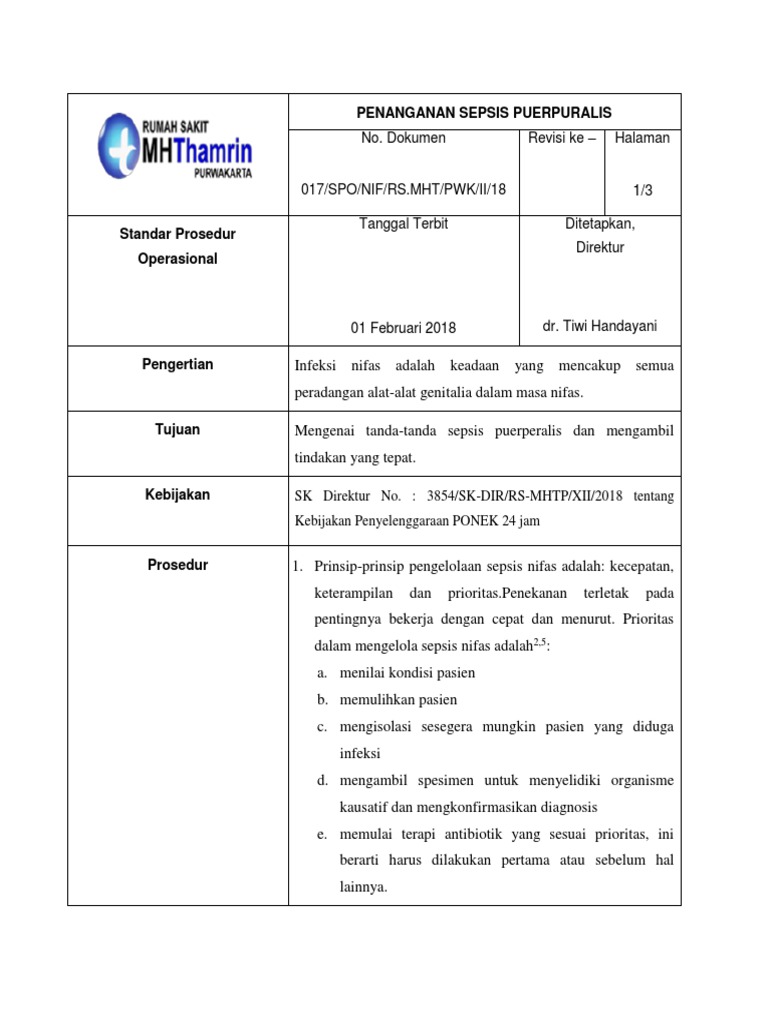 Sop PENANGANAN SEPSIS PUERPURALIS | PDF