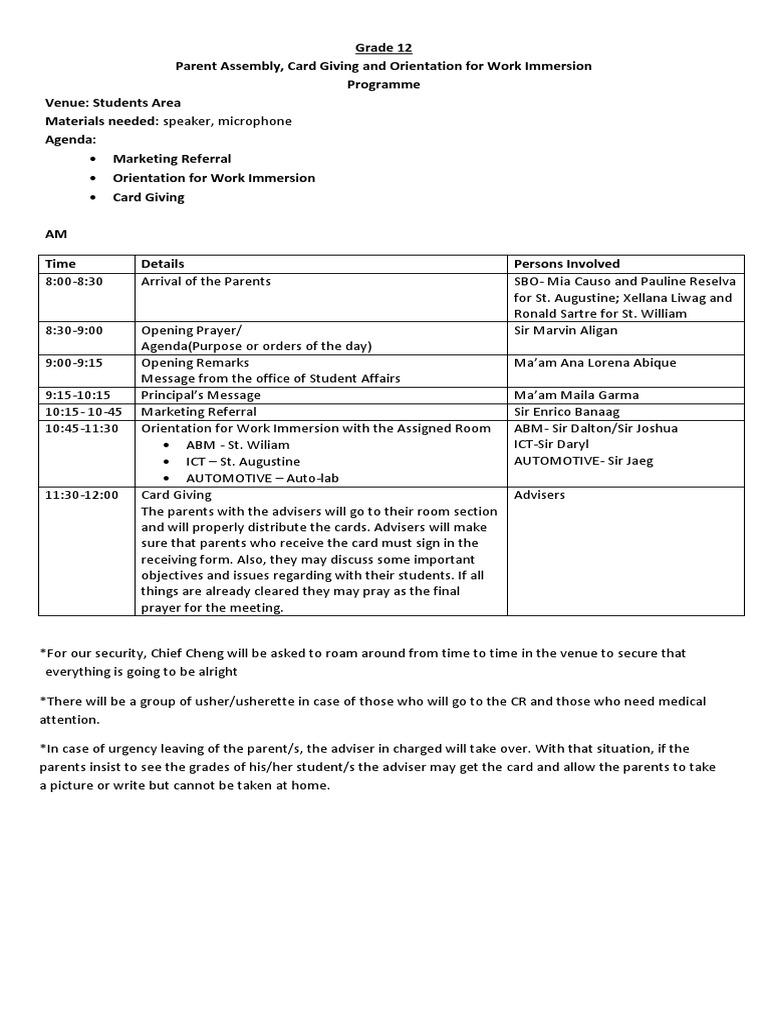 Program For Parent Assembly Card Giving and Work Immersion | PDF