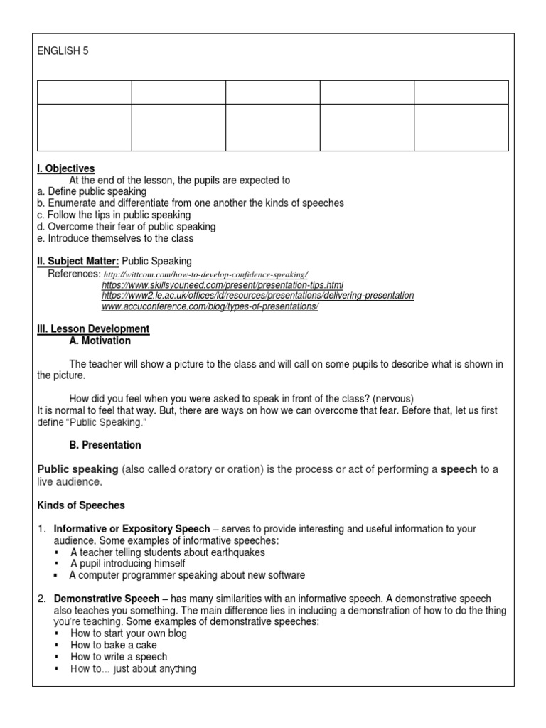 Public Speaking Lesson Plan for Students | PDF | Public Speaking | Speech