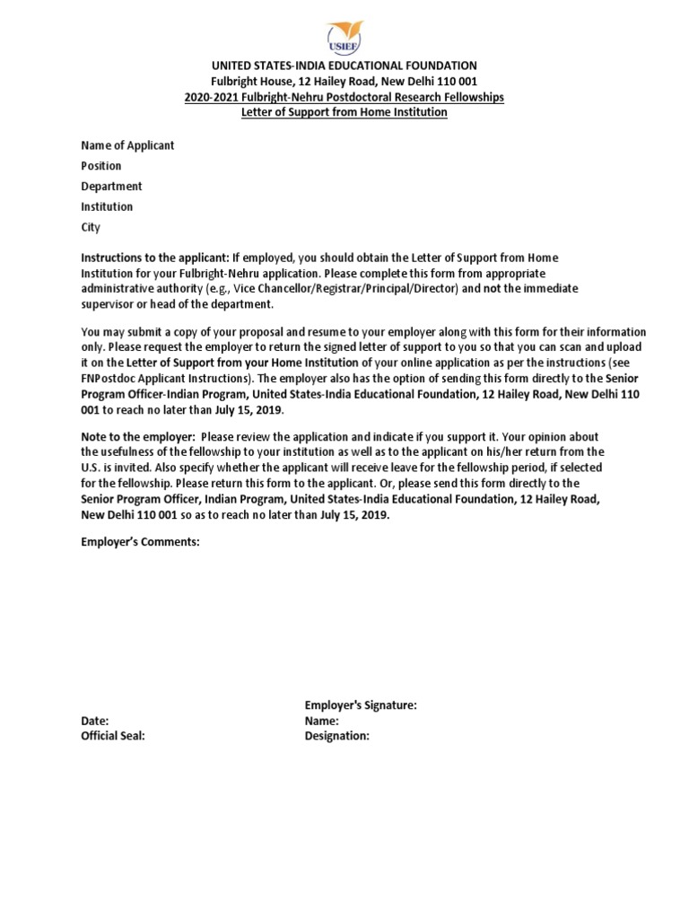 FNPostdoc Letter of Support From Home Institution Form | PDF