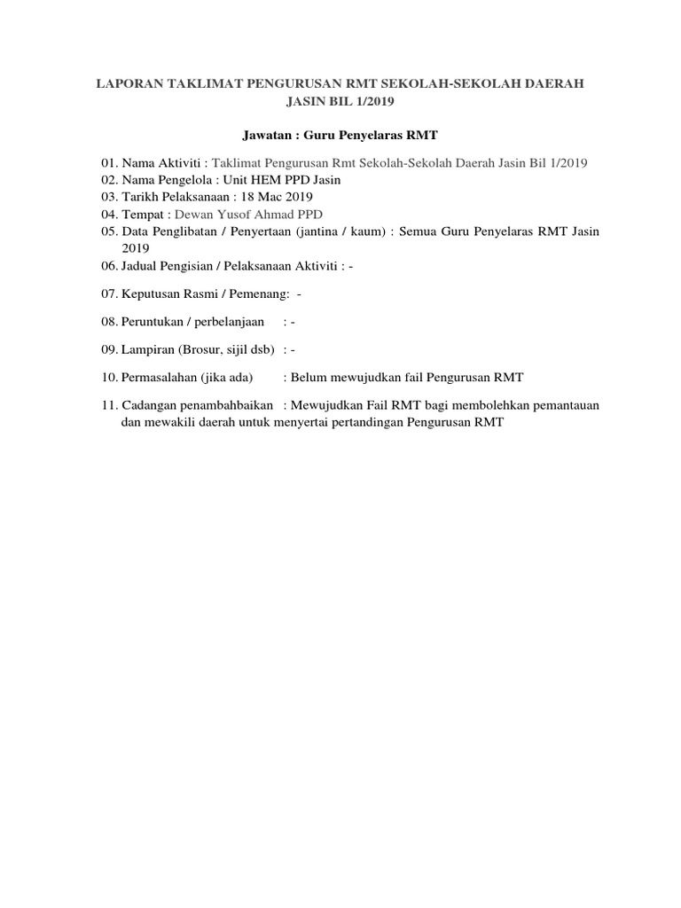 Laporan Taklimat Pengurusan RMT Sekolah | PDF