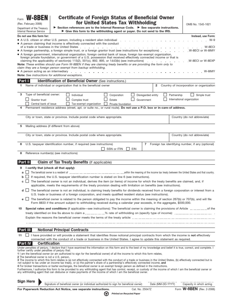 Form W-8 BEN | Irs Tax Forms | Withholding Tax
