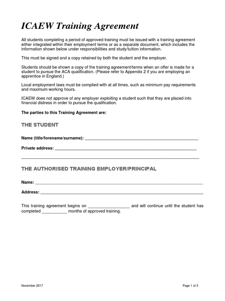 ICAEW Training Agreement November 2017 | PDF | Apprenticeship | Fee