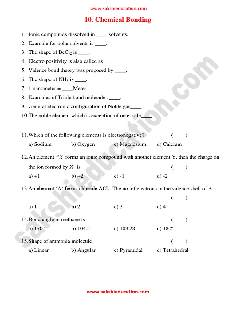 Chemical Bonding Questions and Answers | PDF | Chemical Bond | Chemical ...
