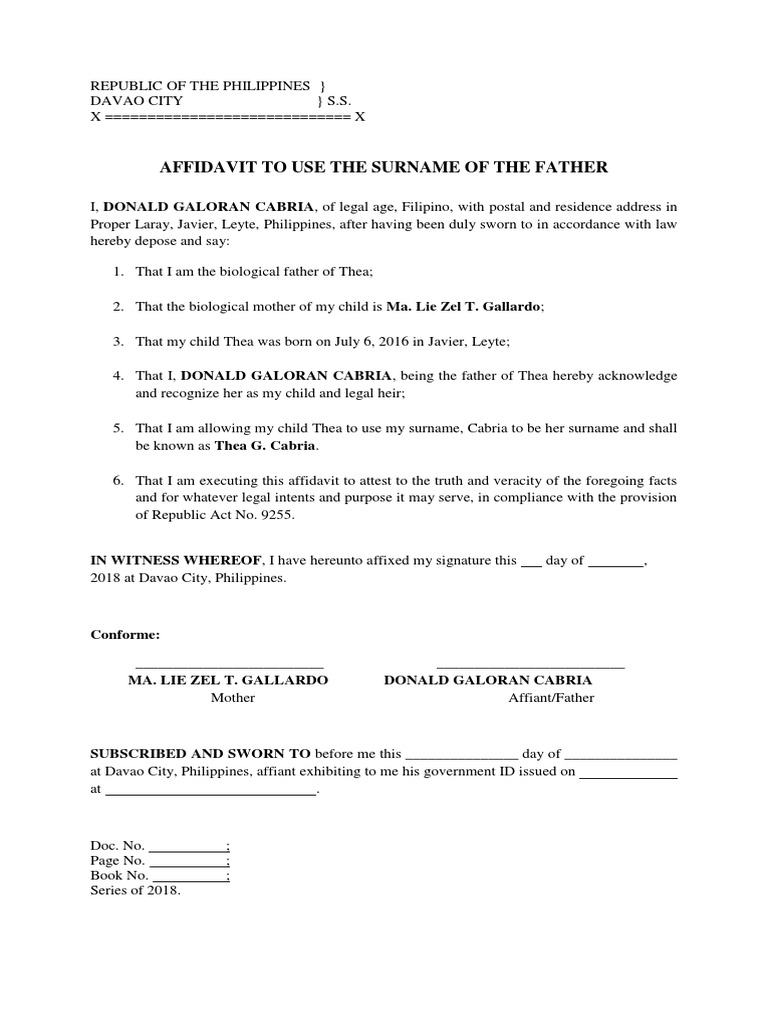 Affidavit To Use The Surname of The Father | PDF