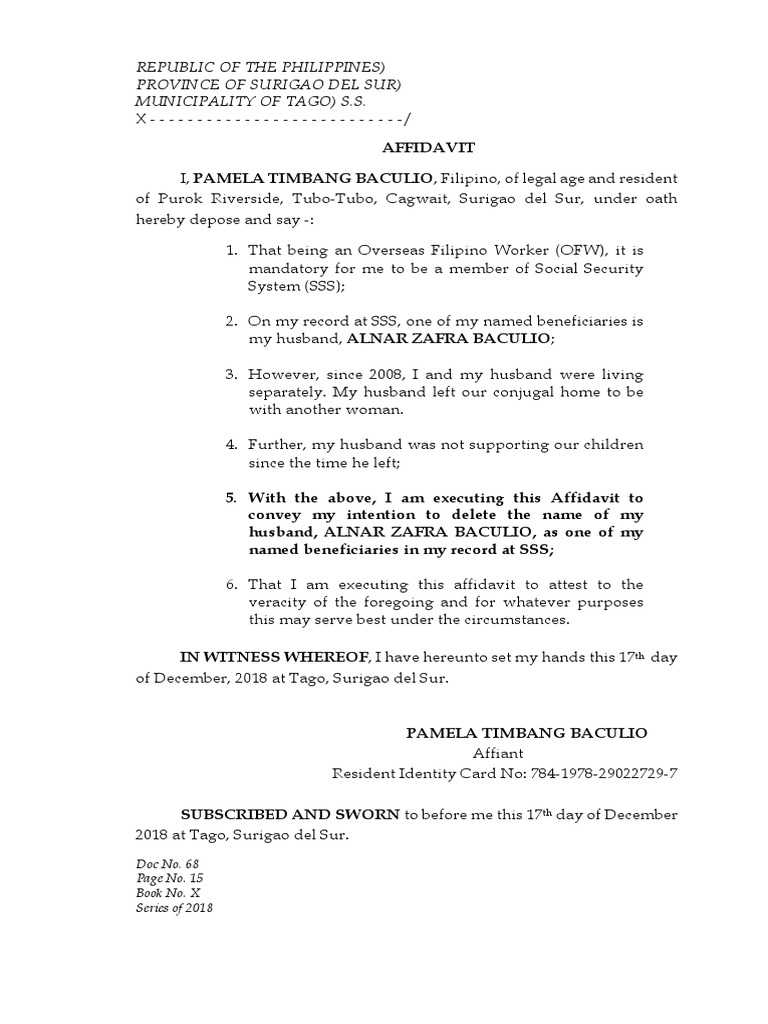 Affidavit (SSS Beneficiary) - Pamela Baculio | PDF