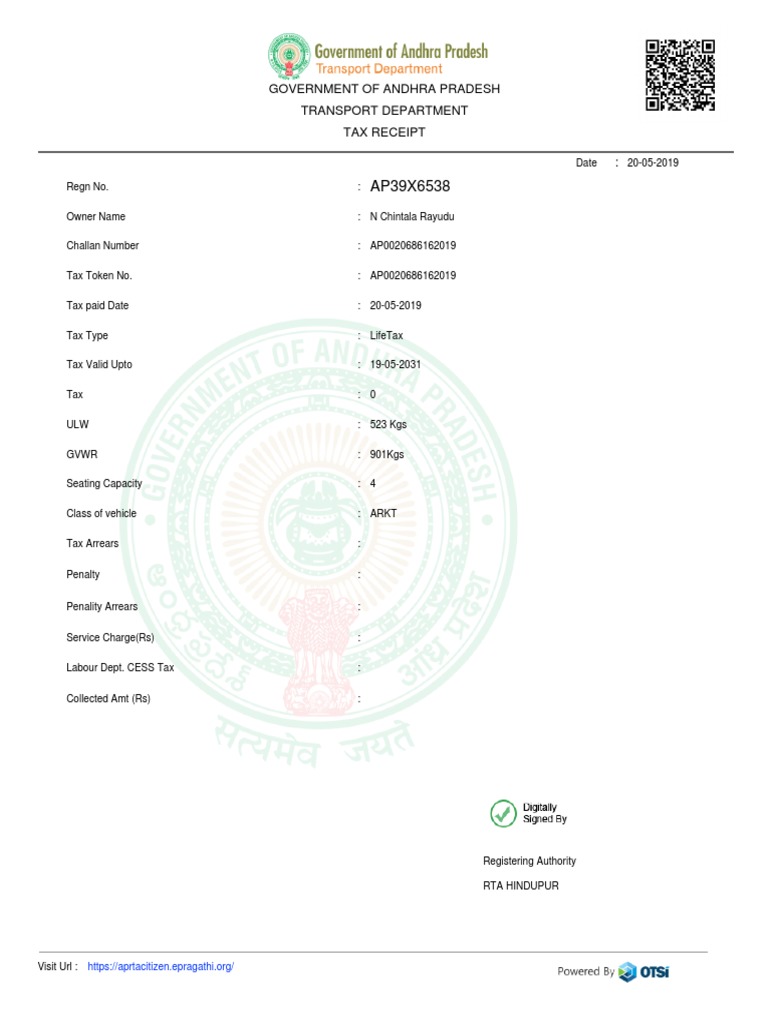 AP Road Tax Receipt - N Chintala Rayudu | PDF