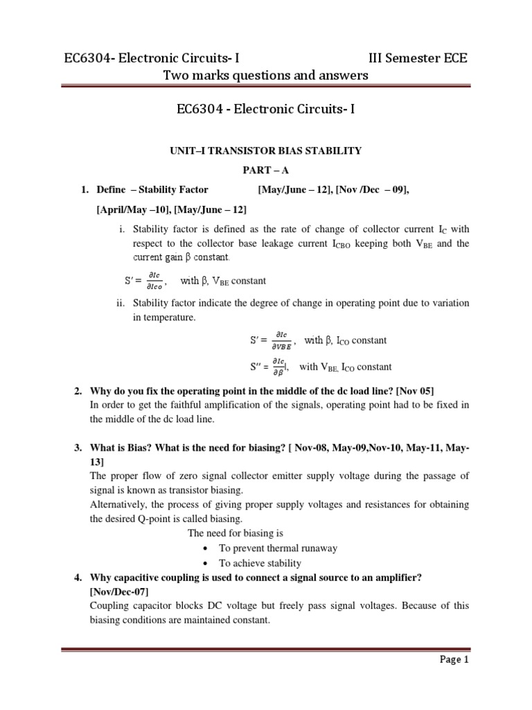 Ec6304-Electronic Circuits - I Iii Semester Ece Two Marks Questions and Answers EC6304 ...
