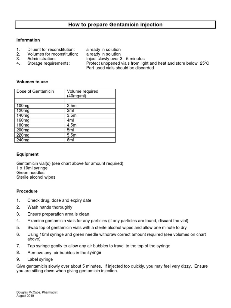 How To Prepare Gentamicin Injection: Information | PDF