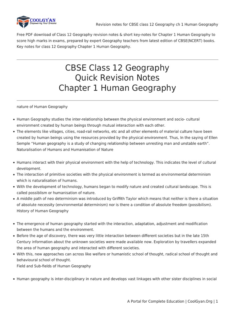 Revision Notes For CBSE Class 12 Geography CH 1 Human Geography | PDF ...