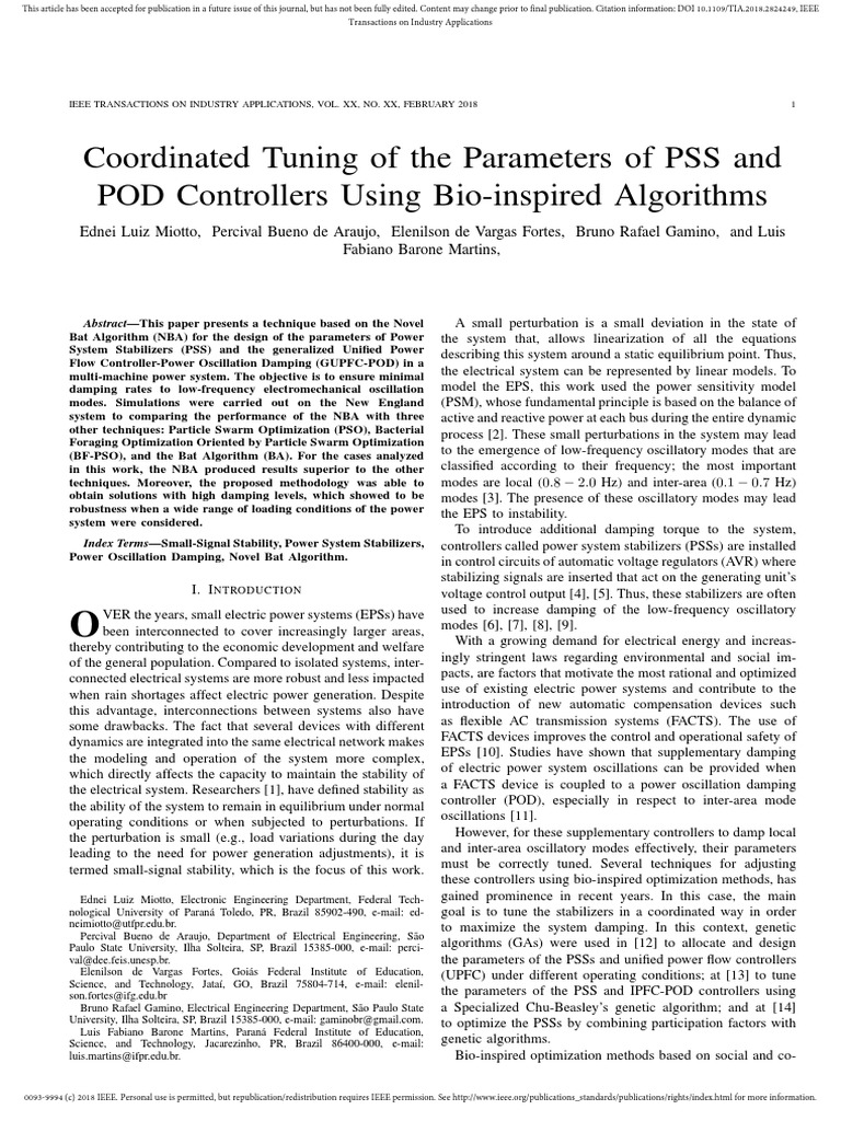 Coordinated Tuning Of The Parameters Of Pss And Pod Controllers Using Bio Inspired Algorithms
