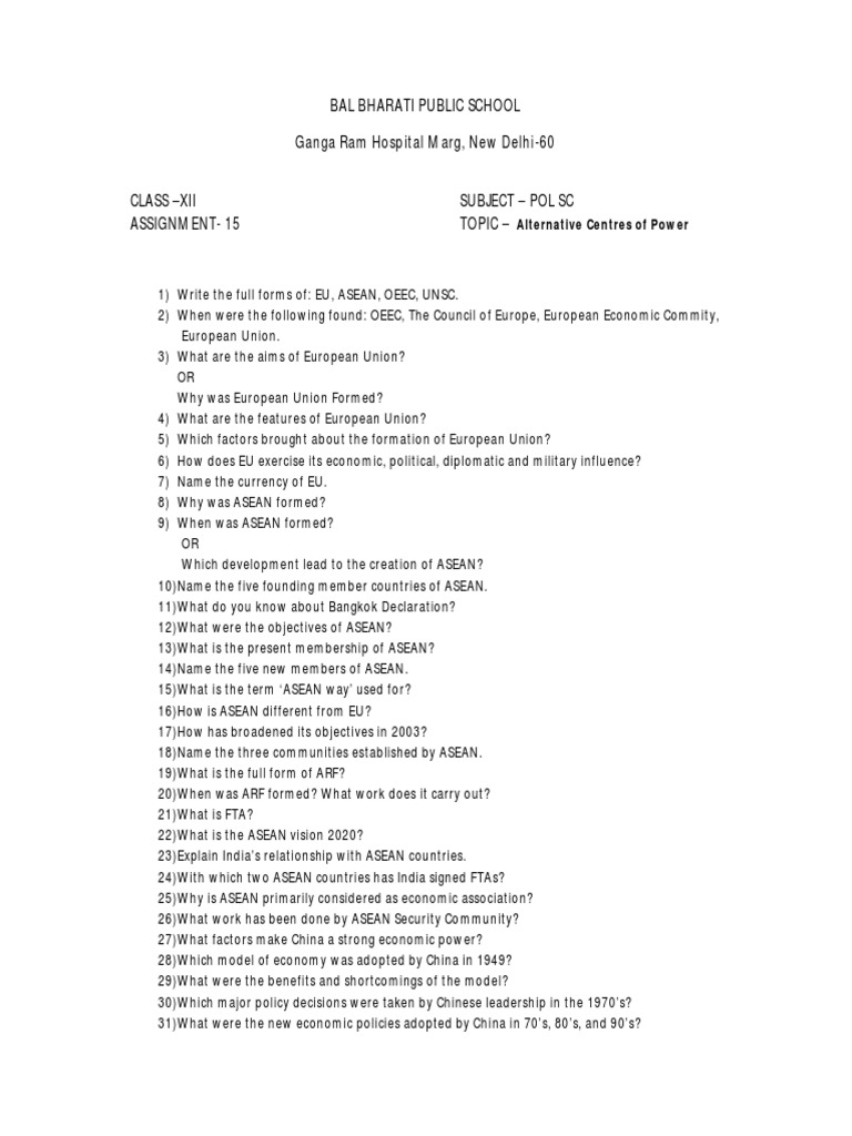 CBSE Class 12 Political Science Worksheet | PDF | Association Of ...
