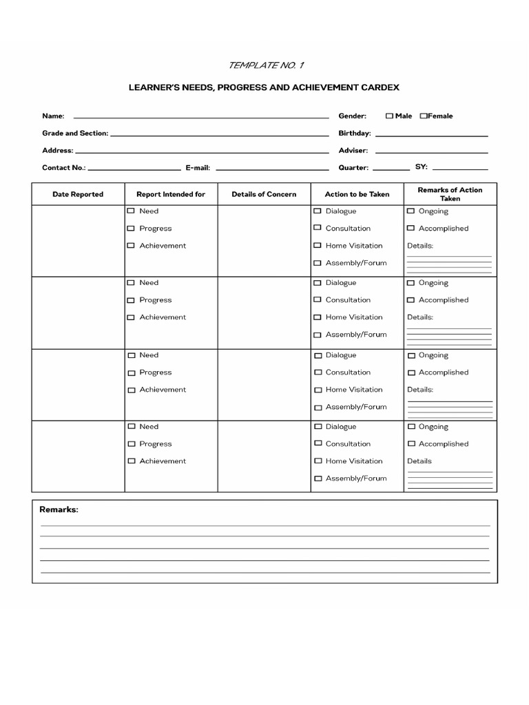 Learners Needs Progress and Achievement Cardex Form | PDF | Behavior ...
