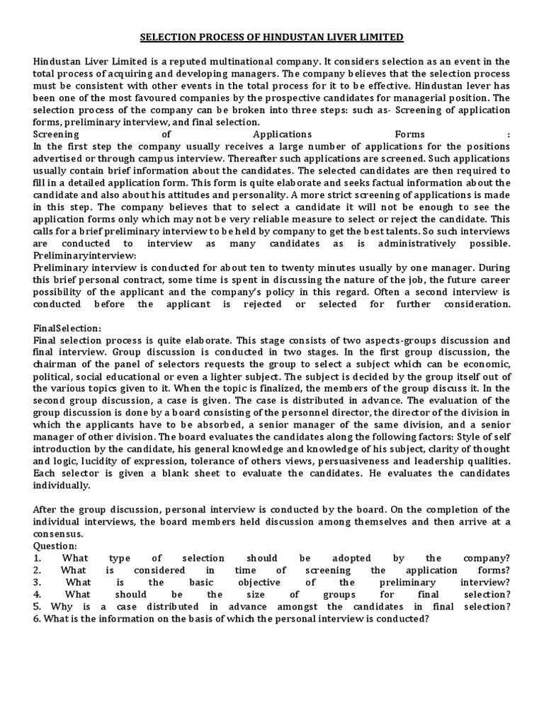 Selection Process of Hindustan Liver Limited | PDF | Behavioural Sciences | Cognitive Science