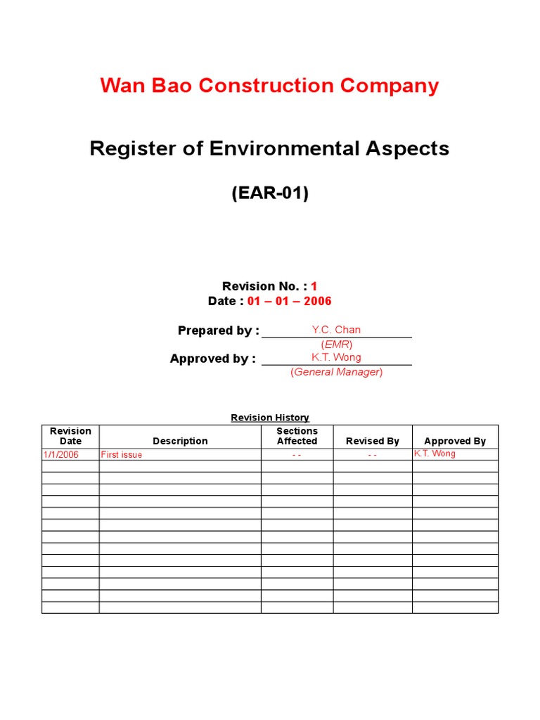 Wan Bao Construction Company: Register of Environmental Aspects | PDF ...