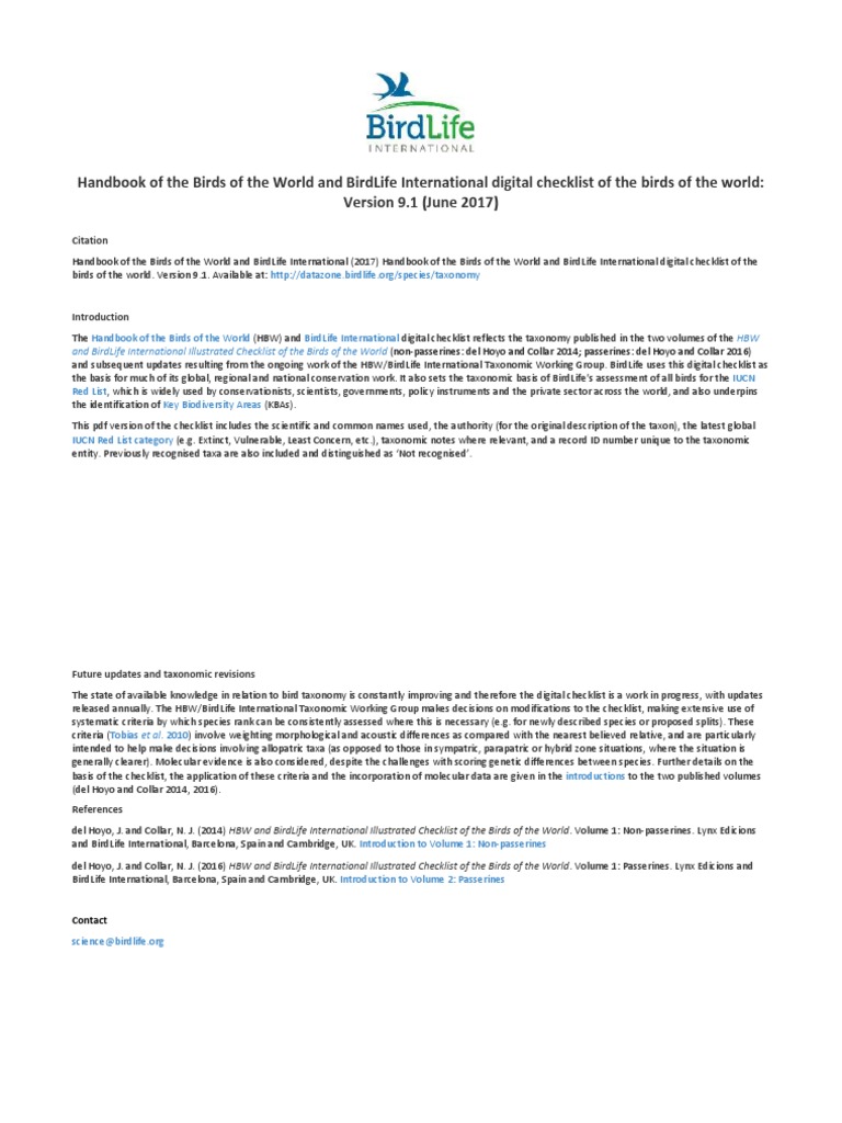 BirdLife Checklist Version 9.1PDF PDF | PDF | Taxonomy (Biology) | Birds