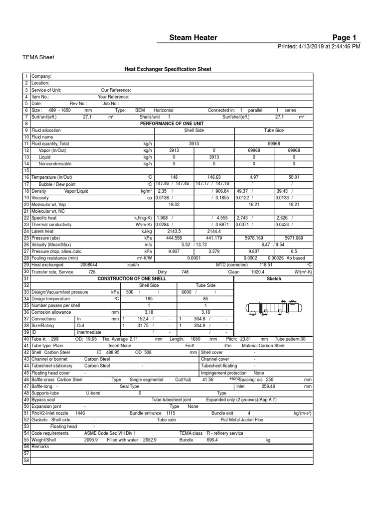 Steam Heater: Printed: 4/13/2019 at 2:44:46 PM TEMA Sheet | PDF | Heat ...