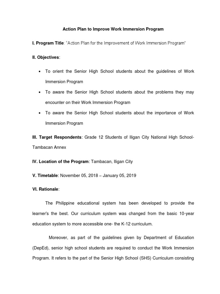 Action Plan To Improve Work Immersion PR | PDF | Educational Technology ...