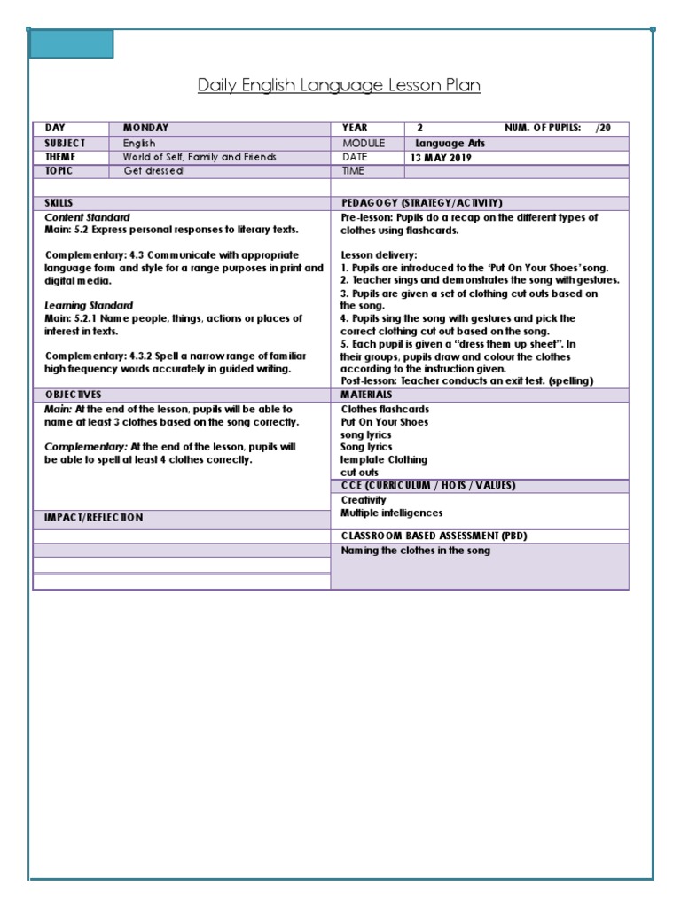 Daily English Language Lesson Plan | PDF | Lesson Plan | Education Theory