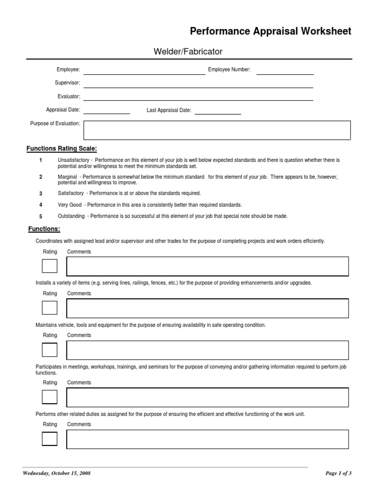 Welder Fabricator Performance Appraisal Worksheet | Competence (Human ...