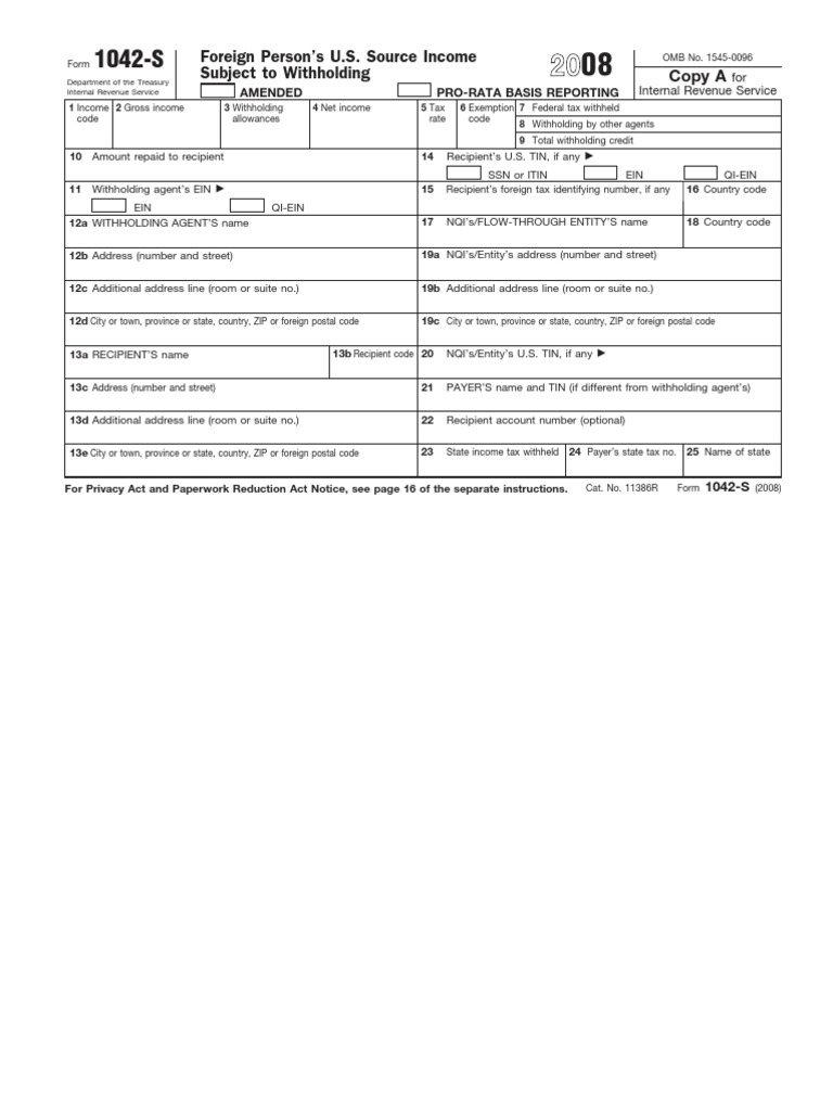 2008 Form 1042-S | Download Free PDF | Withholding Tax | Royalty Payment