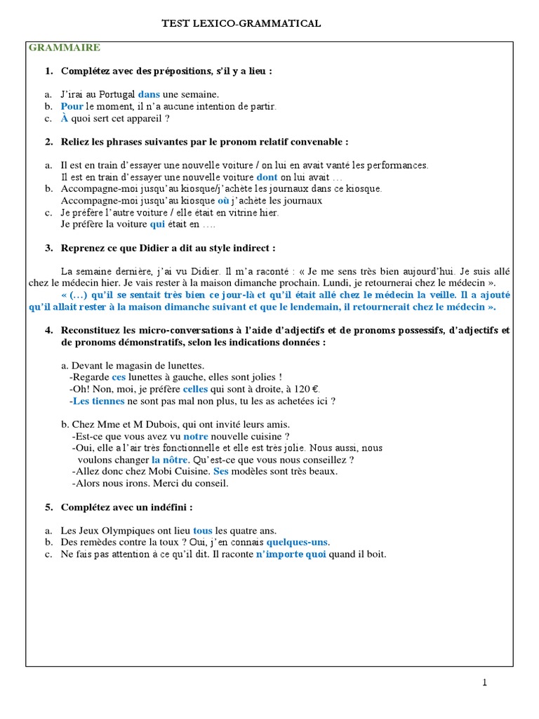 Test Corrigés | PDF | Pronom | Grammaire