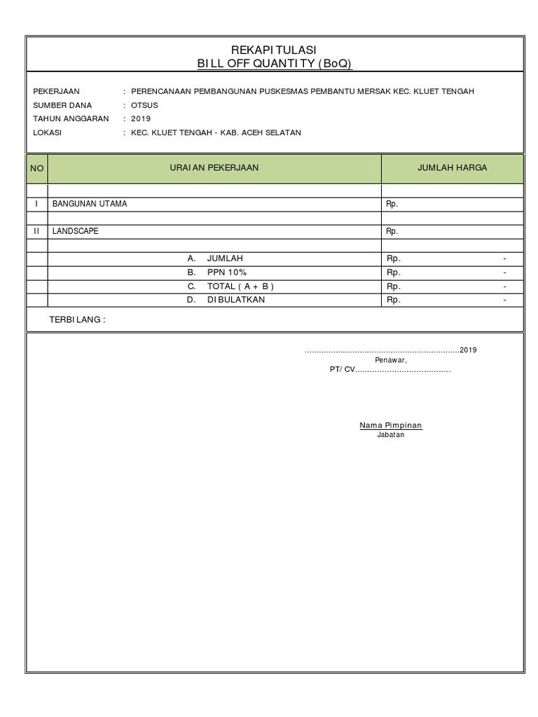 Rekapitulasi Bill Off Quantity (Boq) : NO Uraian Pekerjaan Jumlah Harga ...