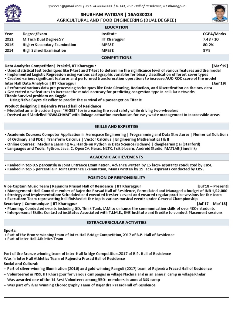 IIT Kharagpur Student Resume - Data Analytics, Machine Learning | PDF ...