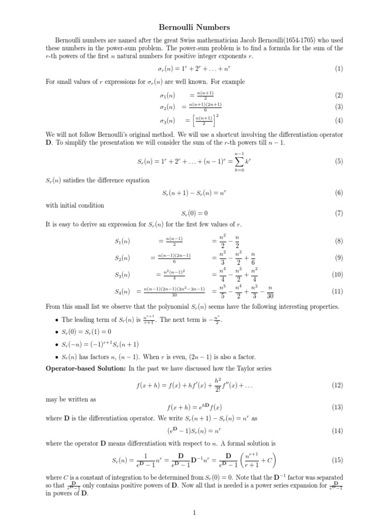 Bernoulli Numbers | PDF | Summation | Analysis