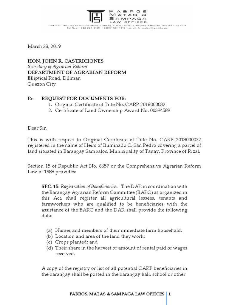 DAR - Request Letter | PDF | Law And Economics | Urban