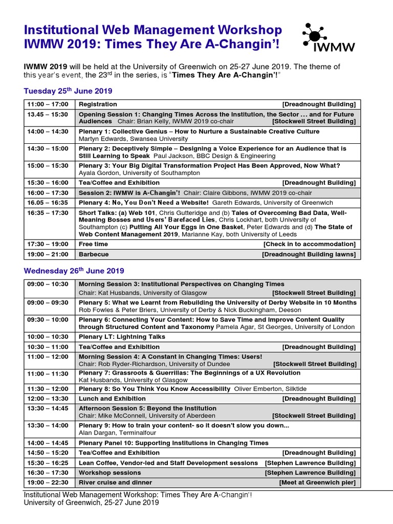 IWMW 2019 Timetable | Download Free PDF | Business