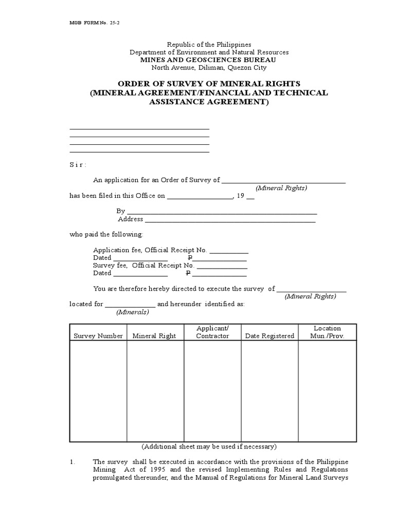Order of Survey of Mineral Rights (Mineral Agreement/Financial and ...