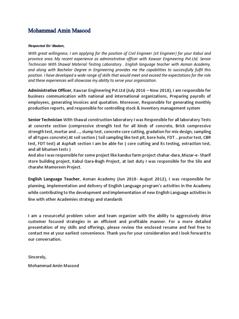 Mohammad Amin Masood CV | PDF | Employment | Concrete