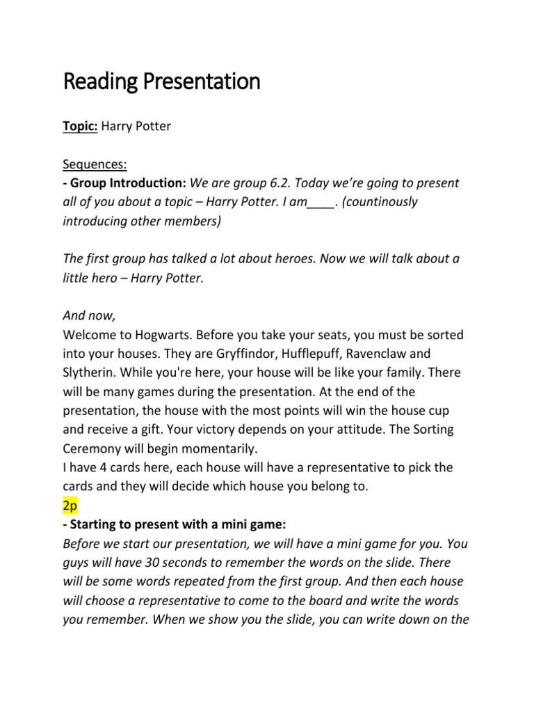 Reading Presentation Scription | PDF | Harry Potter | Fantasy Worlds