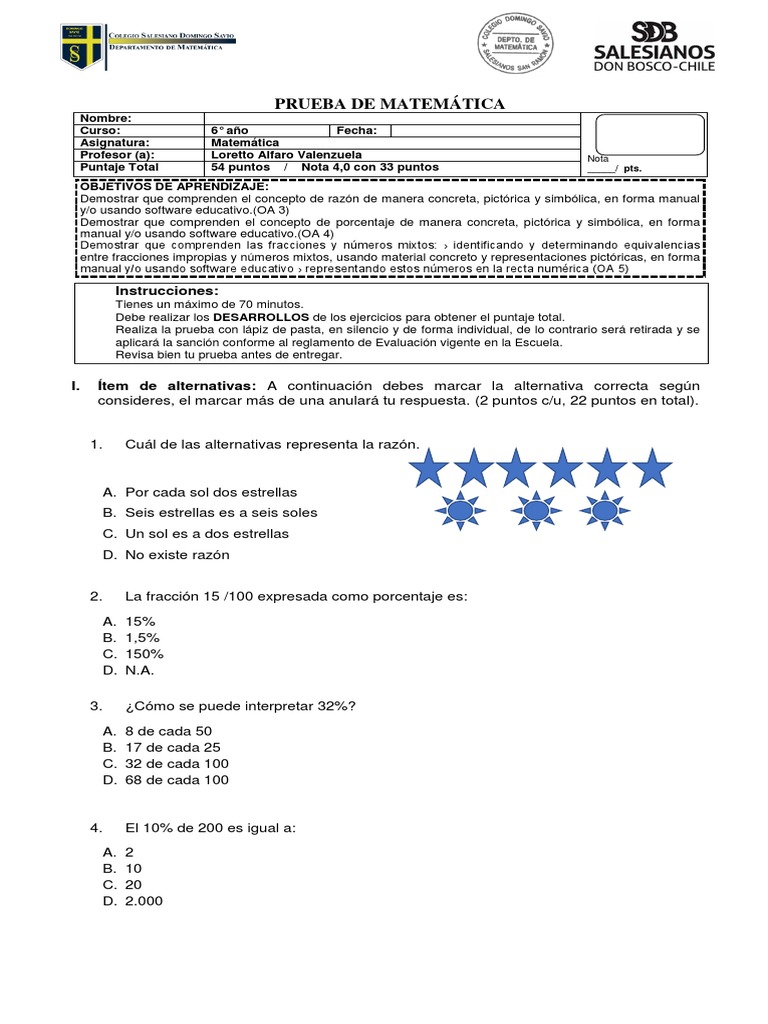 Prueba De Matemática 6 Básico Pdf Fracción Matemáticas Porcentaje