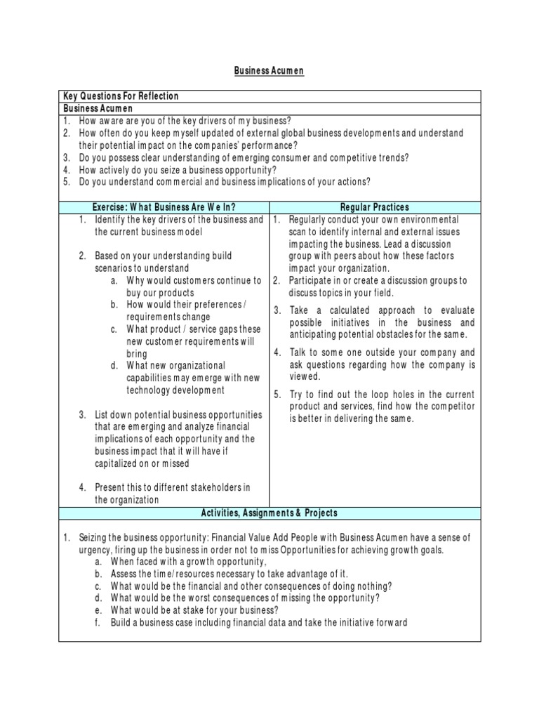 Business Acumen Key Questions For Reflection Business Acumen | PDF ...