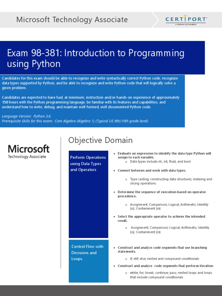 Exam 98-381: Introduction To Programming Using Python: Objective Domain | PDF | Control Flow ...