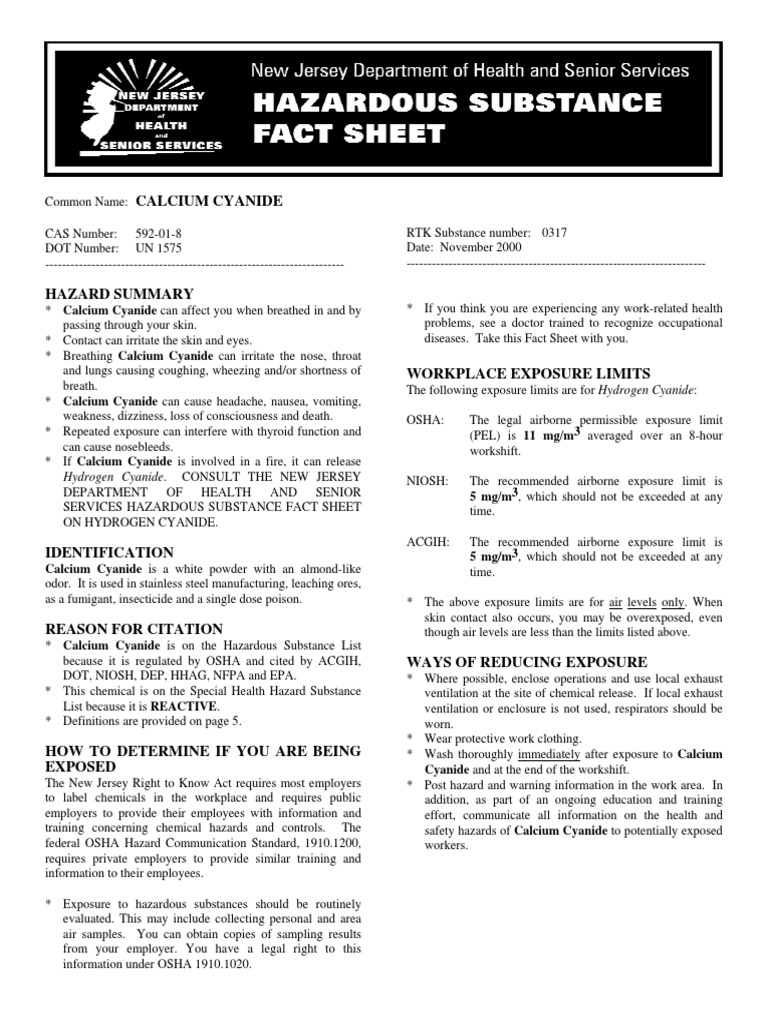 Calcium Cyanide: Hydrogen Cyanide. CONSULT THE NEW JERSEY | PDF ...