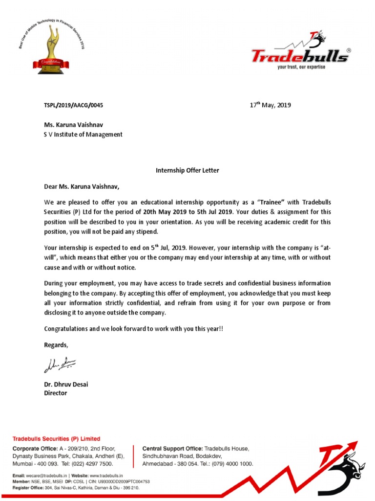 0045 - Ms. Karuna Vaishnav - Summer Internship Confirmation Letter | PDF