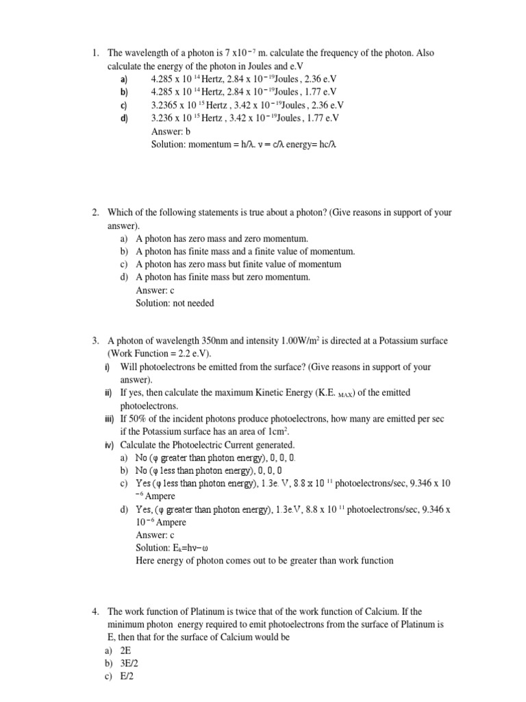 Dual Nature of Radiation and Matter Questions | PDF | Photoelectric ...
