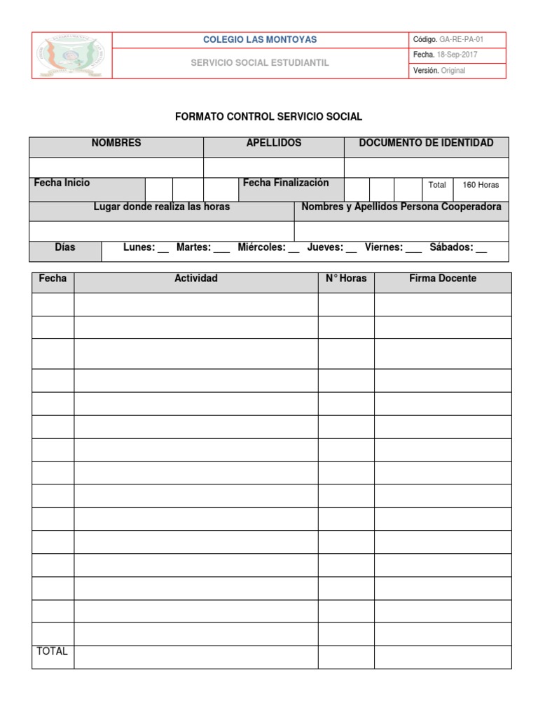 Formato Control De Horas Servicio Social Pdf