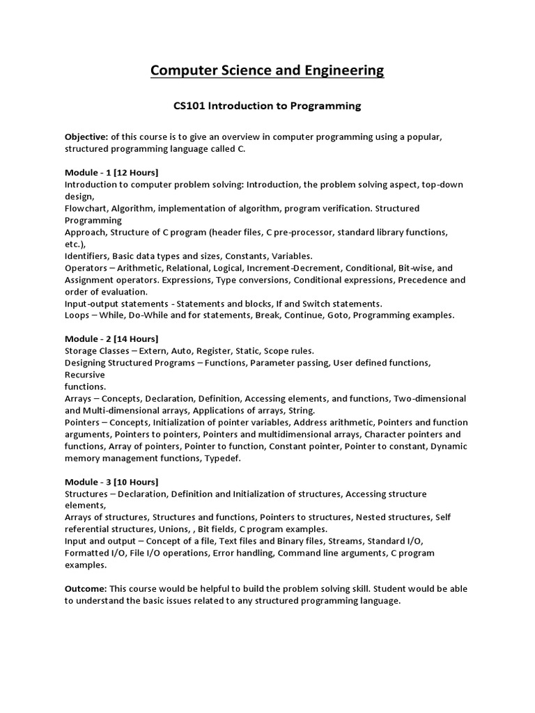Syllabus Btech 1st Year Batch 2018 25 Pdf Pointer Computer Programming Bending 9229