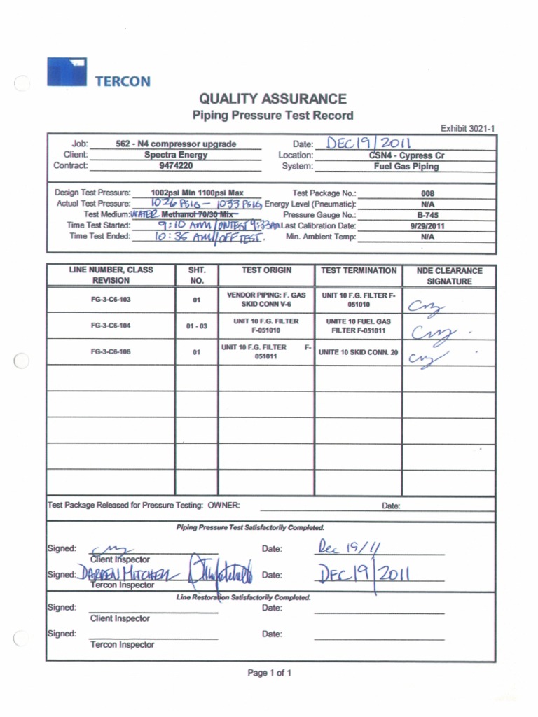 Piping Pressure Test Record for Spectra Energy | PDF | Calibration ...