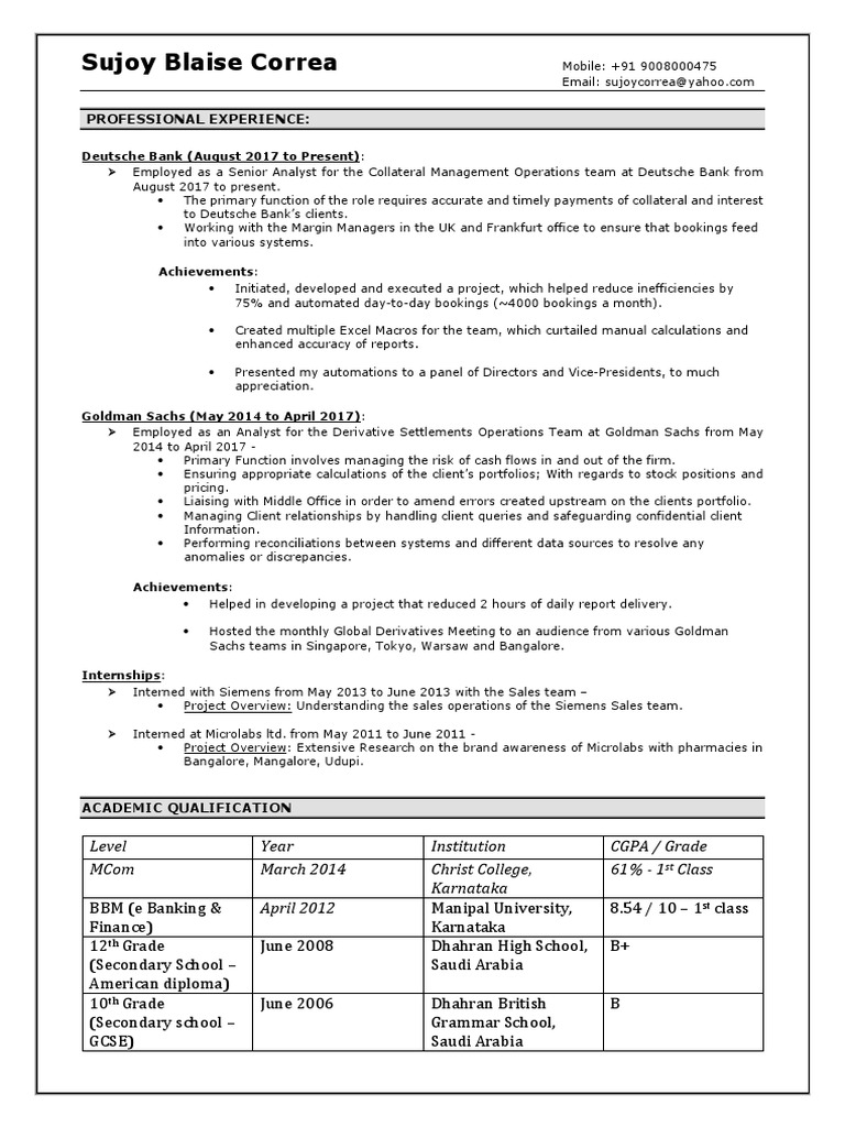 Sujoy Blaise Correa Resume | PDF | Deutsche Bank | Goldman Sachs