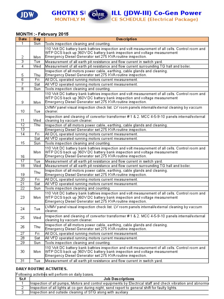 Monthly Maintenance Schedule Feb-2015 | PDF | Direct Current ...