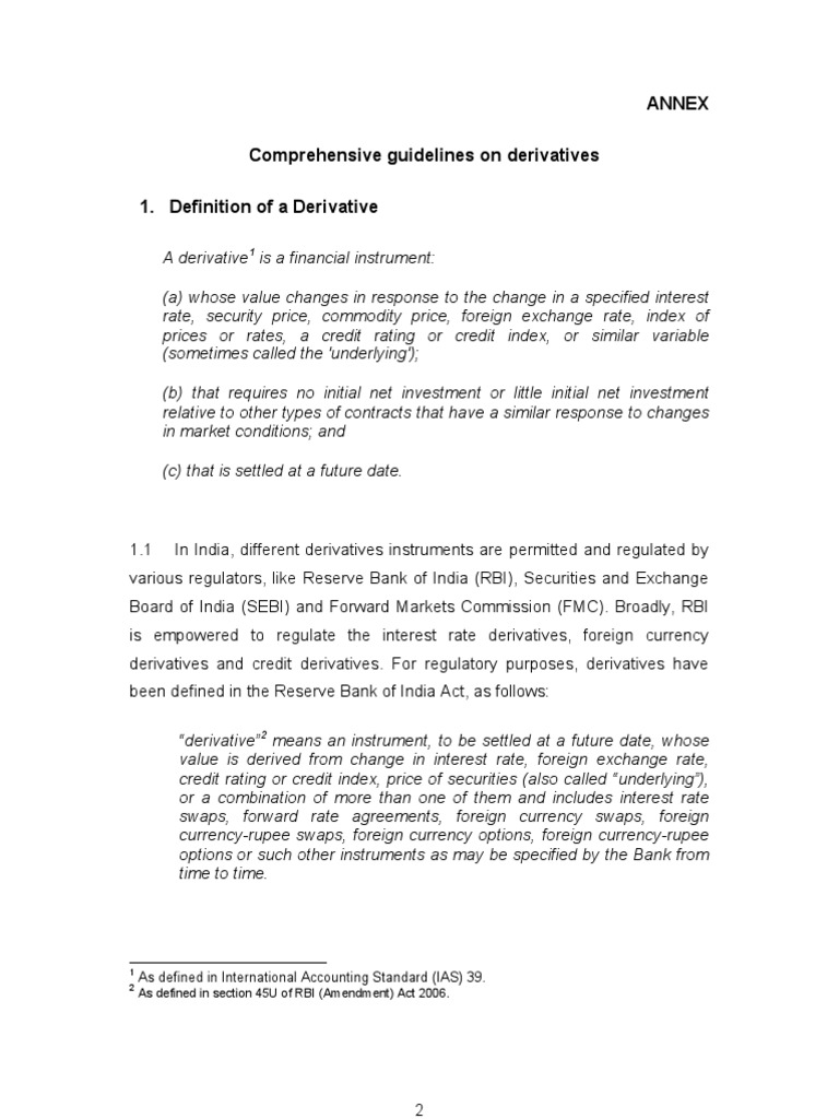 Annex Comprehensive Guidelines On Derivatives 1. Definition of A ...