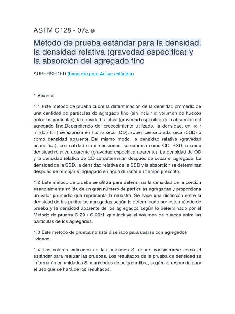 Astm C128 Actualizada | PDF | Densidad | Humedad